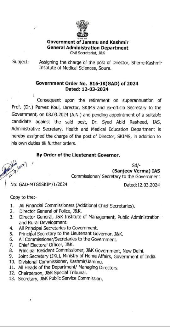Abid Rashid Appointed In-charge Director SKIMS – Kashmir Observer
