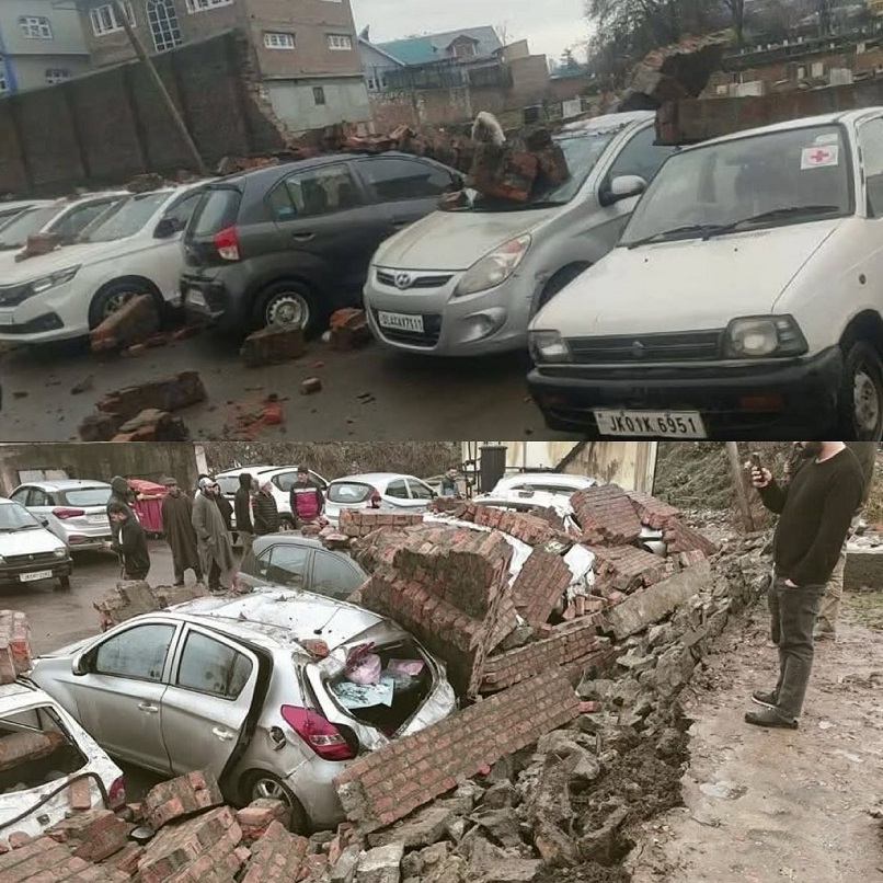 Srinagar: Wall Collapse At JLNM Hospital Parking Leaves Vehicles ...